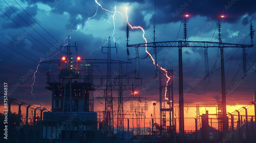 High voltage electric substation with lightning electrical short ...