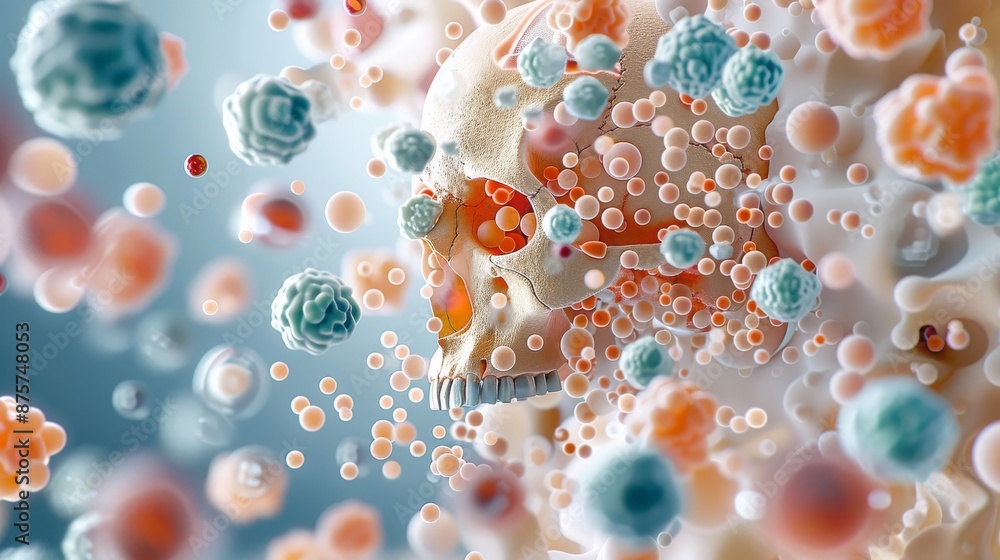 Hyper-detailed human skull cross-section, colorful vitamin molecules ...
