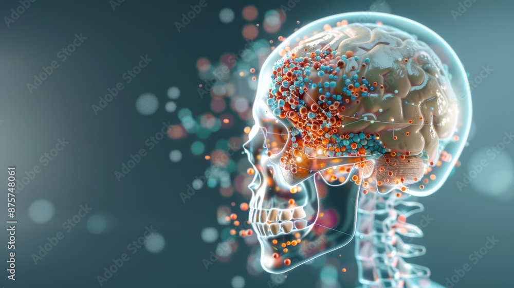 Hyper-detailed human skull cross-section, colorful vitamin molecules ...
