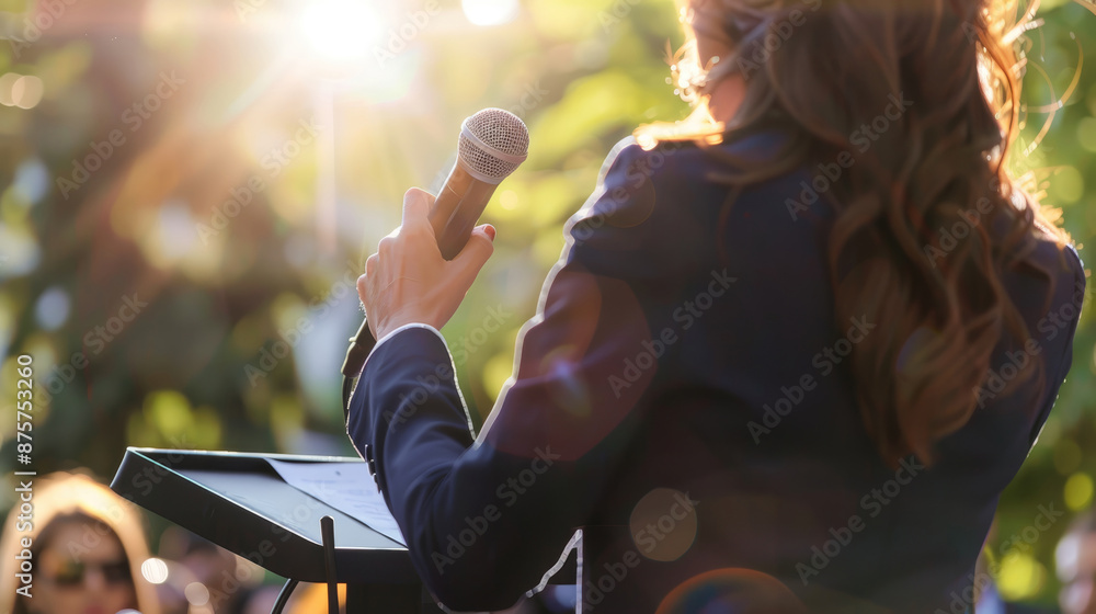 woman in suit holding microphone and speaking to a crowd of people at ...