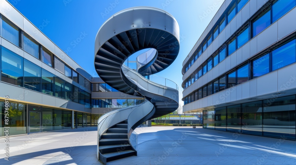 Modern architectural spiral staircase in front of contemporary office ...