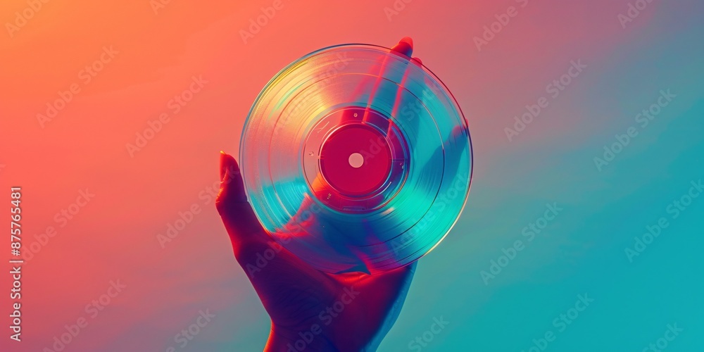 Art piece. Contemporary aesthetic creation. Hand holding retro disc ...
