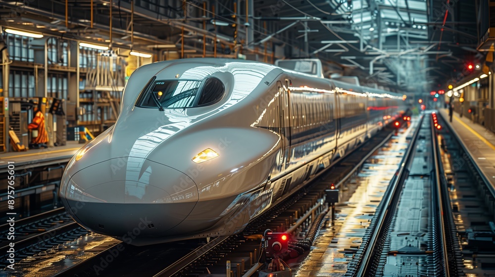 Silver high-speed train on tracks in station. Silver bullet train with ...
