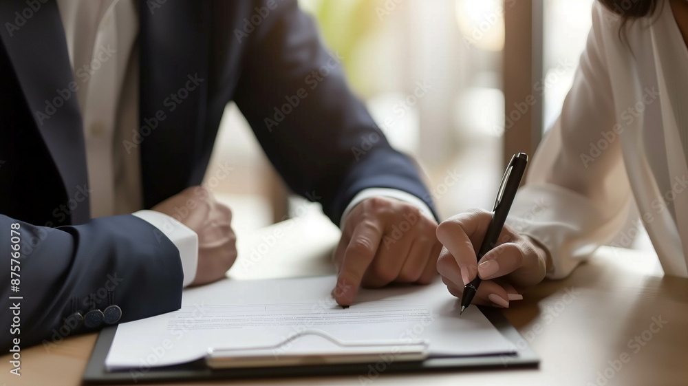 signing a partnership agreement at a desk, formal wear, office ...