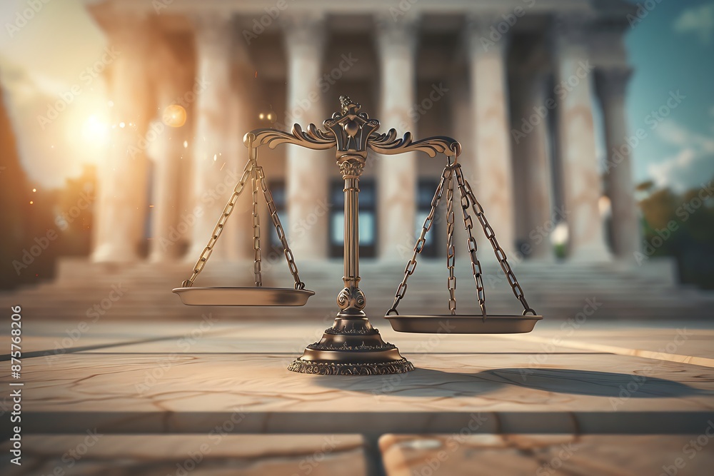 ancient scale of justice in golden light before a courthouse ...