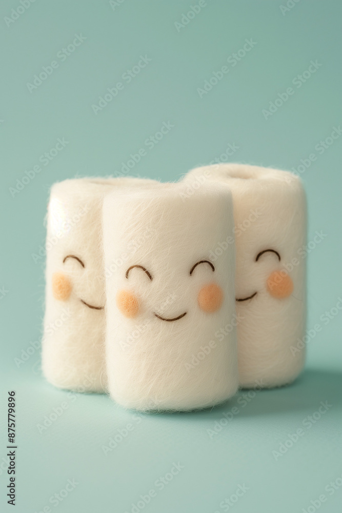 Cute adorable felt paper rolls with Kawaii happy faces. Cleaning ...