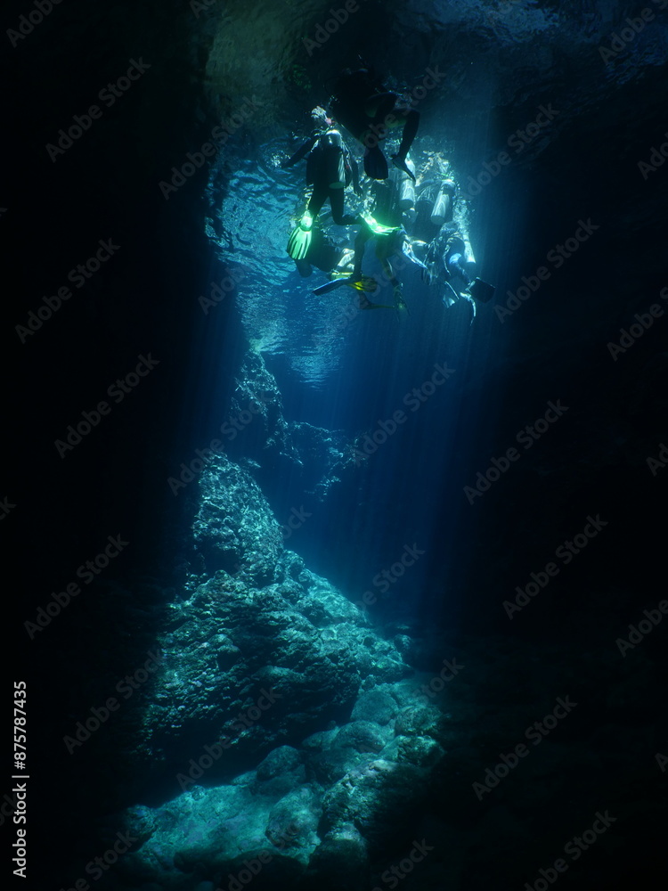 cave diving underwater ocean scenery sun beams and rays background ...