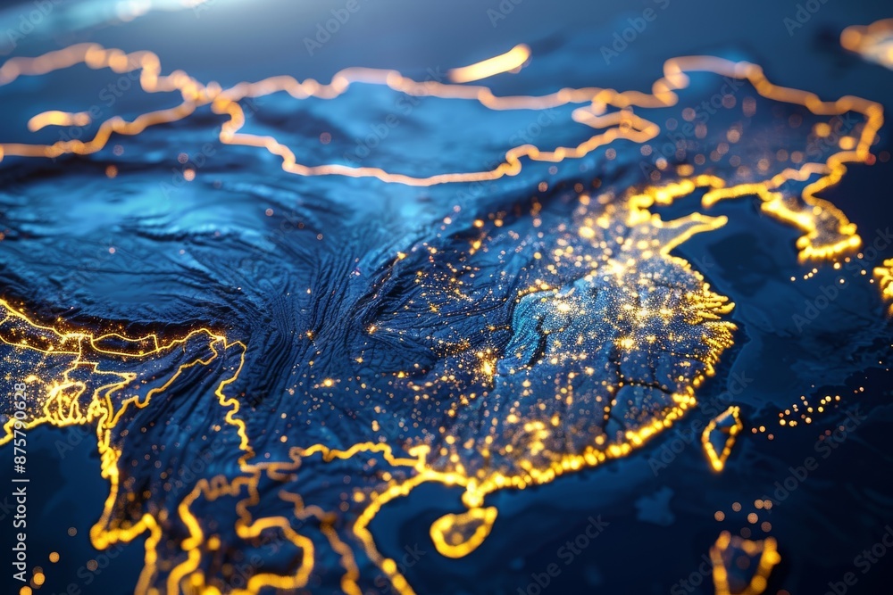 East Asian city lights are captured in an aerial satellite image ...