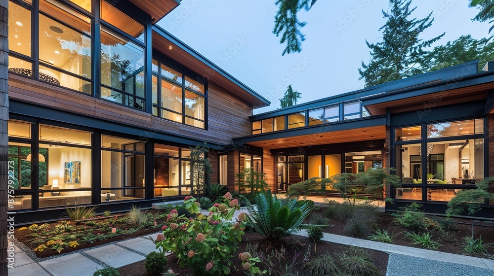 A modern craftsman home with an L-shaped design, highlighting an open ...
