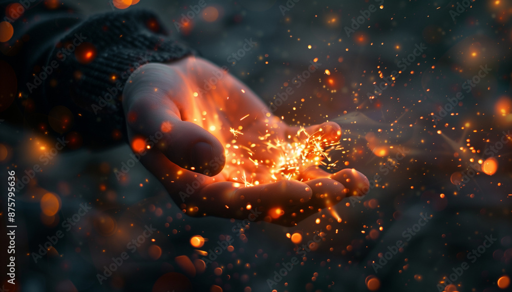 Hand holding glowing embers, creating a magical and enchanting effect ...