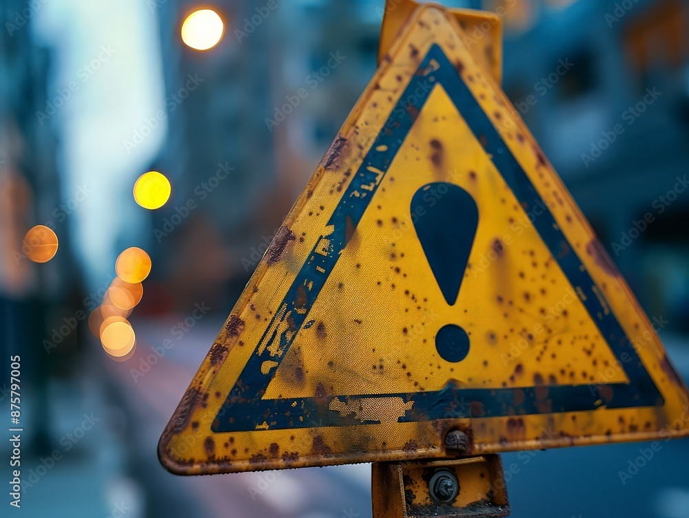 bright yellow triangular warning sign with a black exclamation mark ...