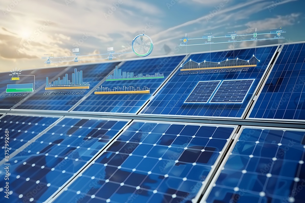 A solar power plant monitoring interface with energy flow diagrams and ...