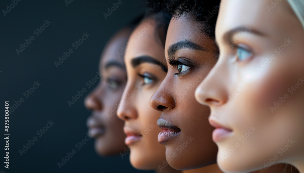 Side profile of four diverse women lined up, showcasing different skin ...