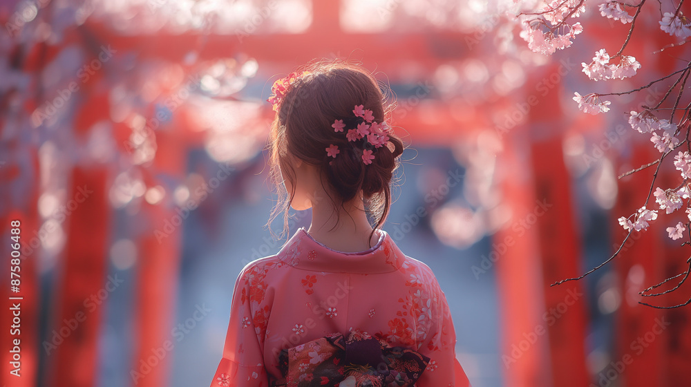 In a serene Japanese Shinto shrine, a young woman dressed in a ...