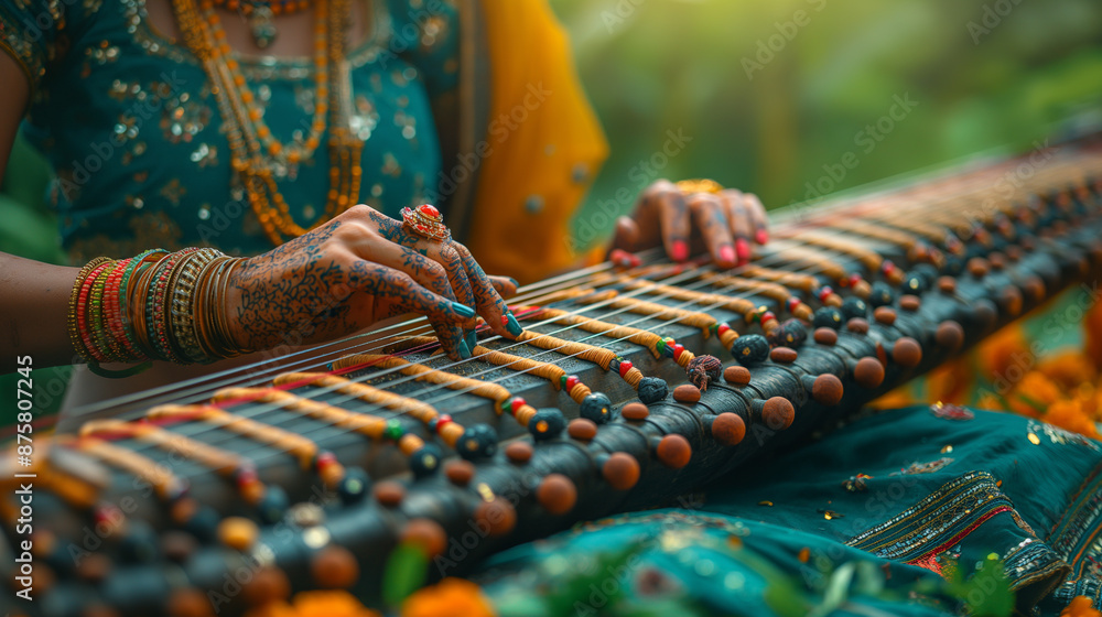 Hands with intricate mehndi patterns, deftly plucking strings on a ...