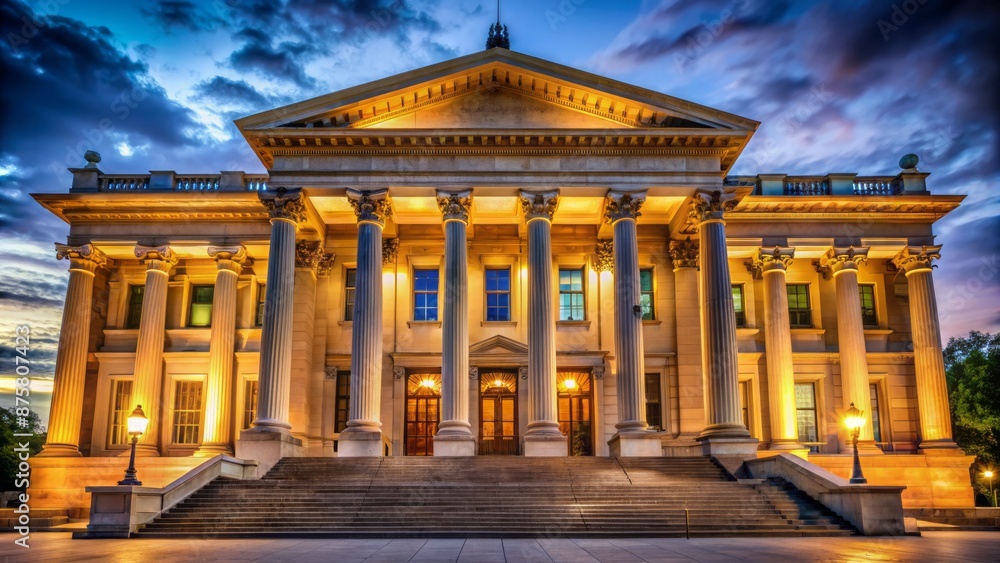 Majestic grandiose Beaux-Arts courthouse facade aglow with soft warm ...