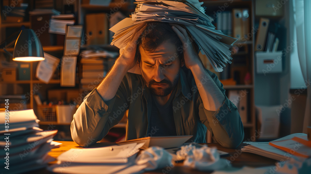 Messy office desk working man stressed frustration overwhelm burnout ...