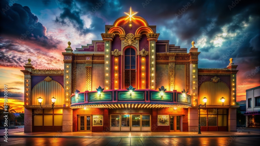Retro movie palace exterior with ornate architecture, bright neon ...