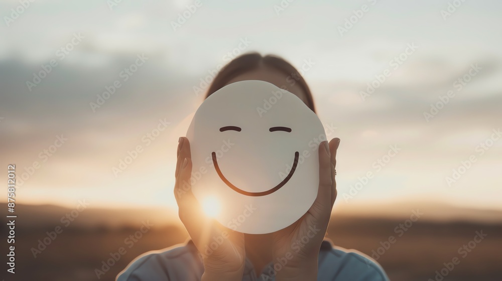 Person holding a smiley face mask in front of the face with a sunset ...