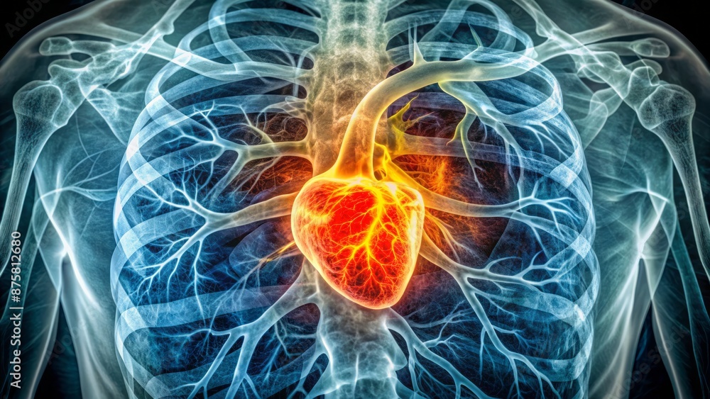 X-ray image of partially blocked coronary artery with plaque buildup ...