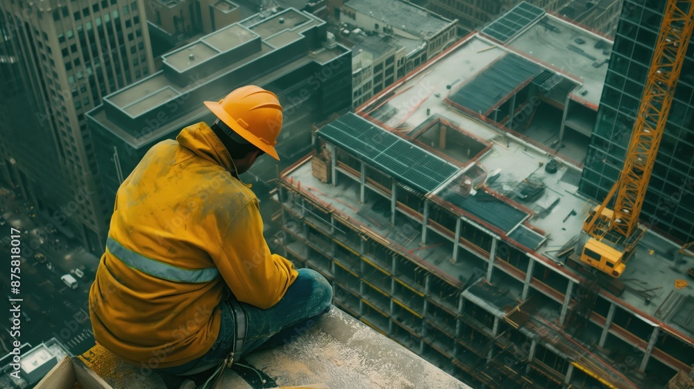 construction worker on a high-rise building, highlighting the scale and ...