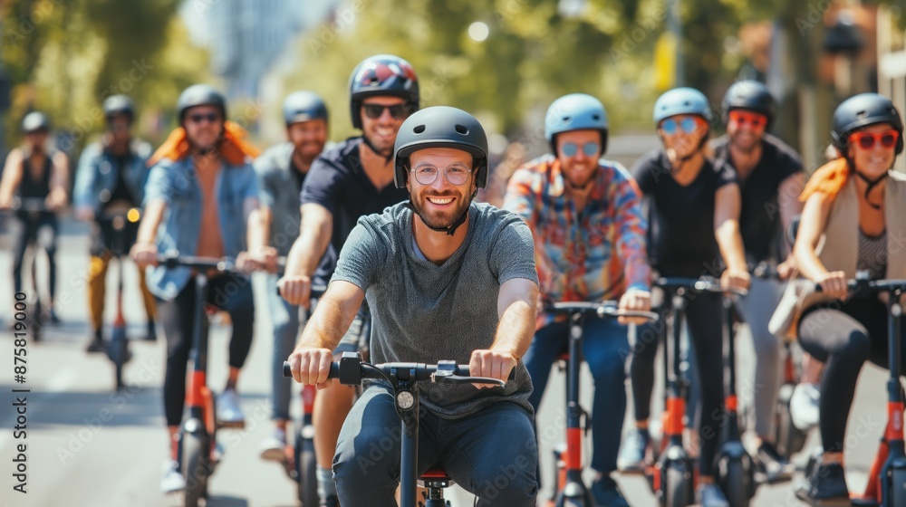 Group of people riding a shared electric scooter, showing the rise of ...