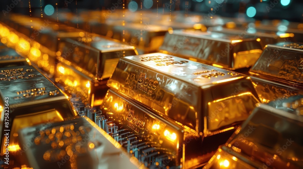 19. Luxurious gold bars with holographic designs, floating in a sci-fi ...