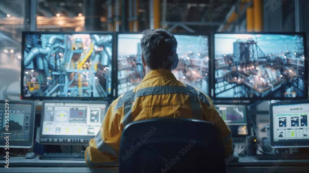 Engineers in a control room monitoring oil rig operations on multiple ...