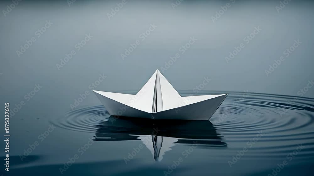 single paper boat floating in a puddle, white paper, blue water, gray ...