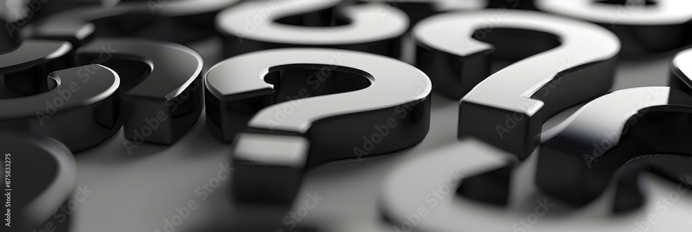 3D rendering of a black and white background with question marks. A ...