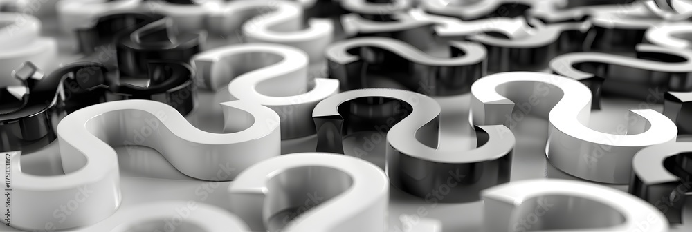 3D rendering of a black and white background with question marks. A ...
