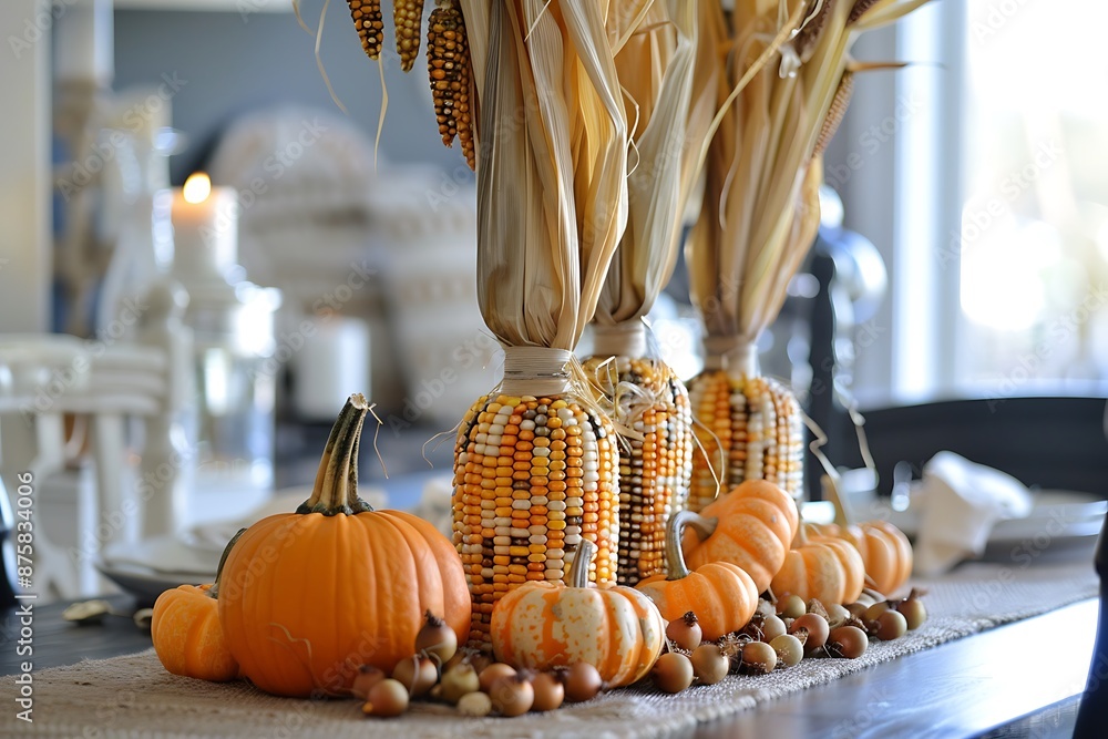decorative centerpiece of dried corn stalks and mini pumpkins arranged ...