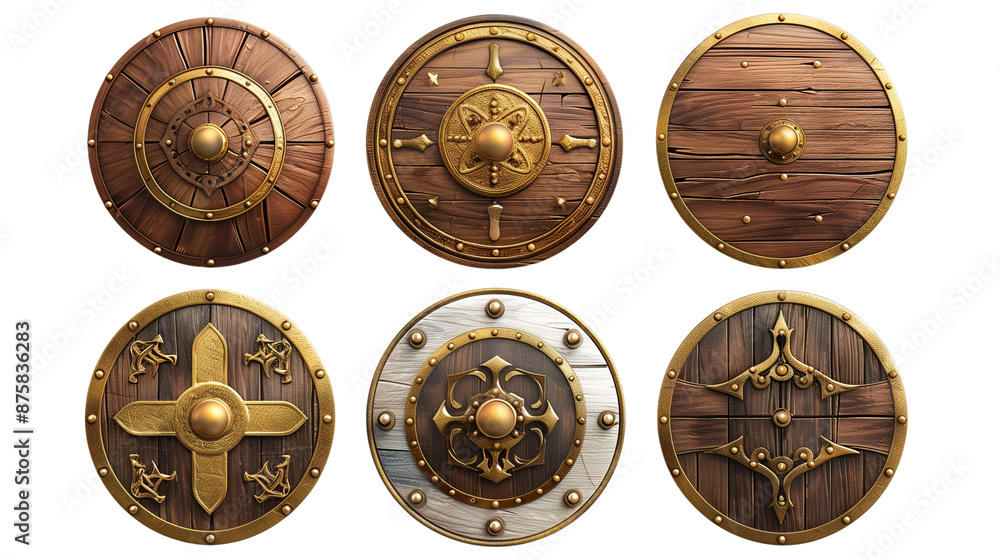 set of a six medieval round shields with gold and wood elements on a ...
