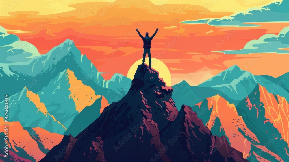 An illustration of a person standing triumphantly on top of a mountain ...