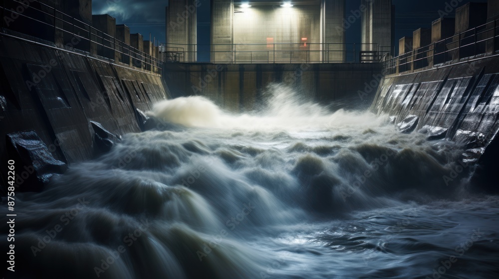 hydroelectric dam, water discharge through locks, river, power, energy ...