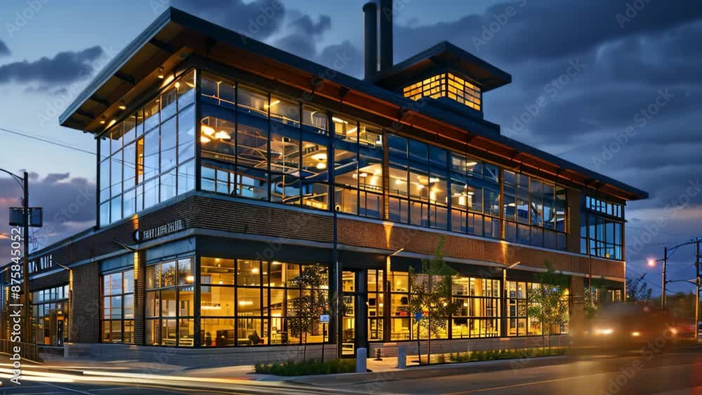 A modern building with large glass windows reflecting the dusky sky ...