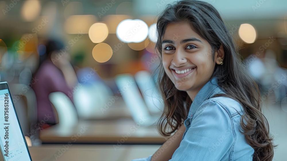 Smiling indian business woman working on laptop in modern office lobby ...
