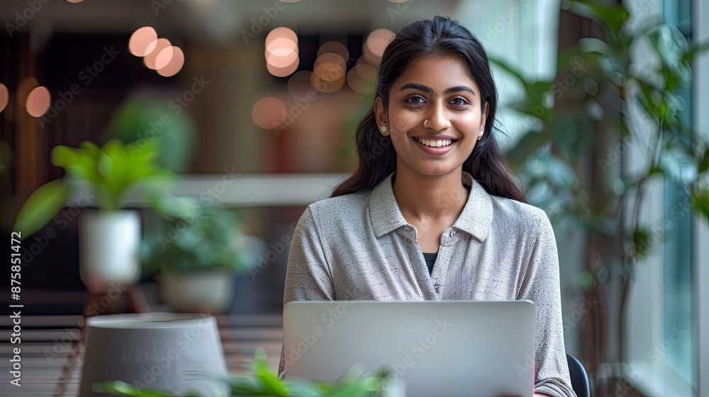 Smiling indian business woman working on laptop in modern office lobby ...