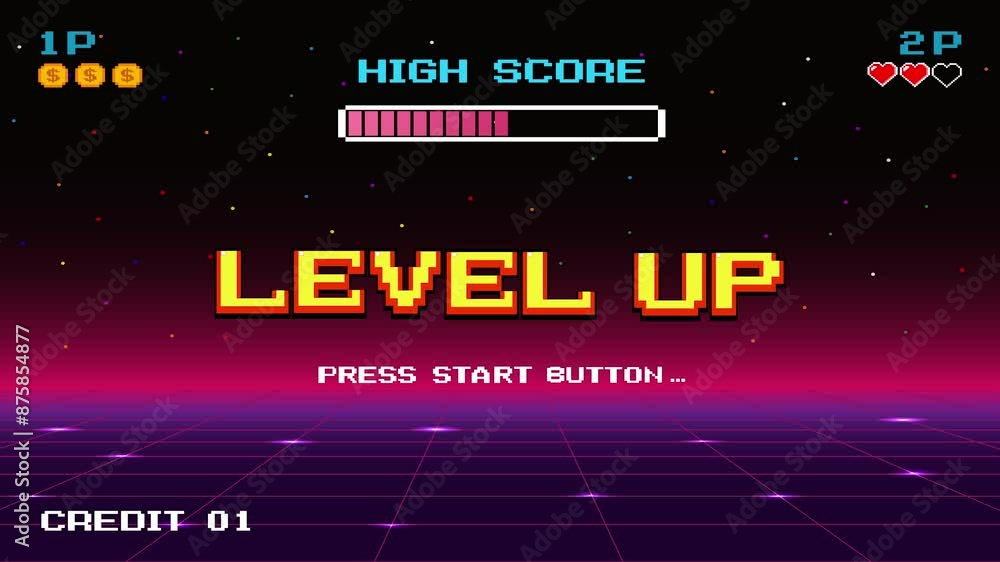 LEVEL UP. press start button. pixel art .8 bit game. retro video game ...