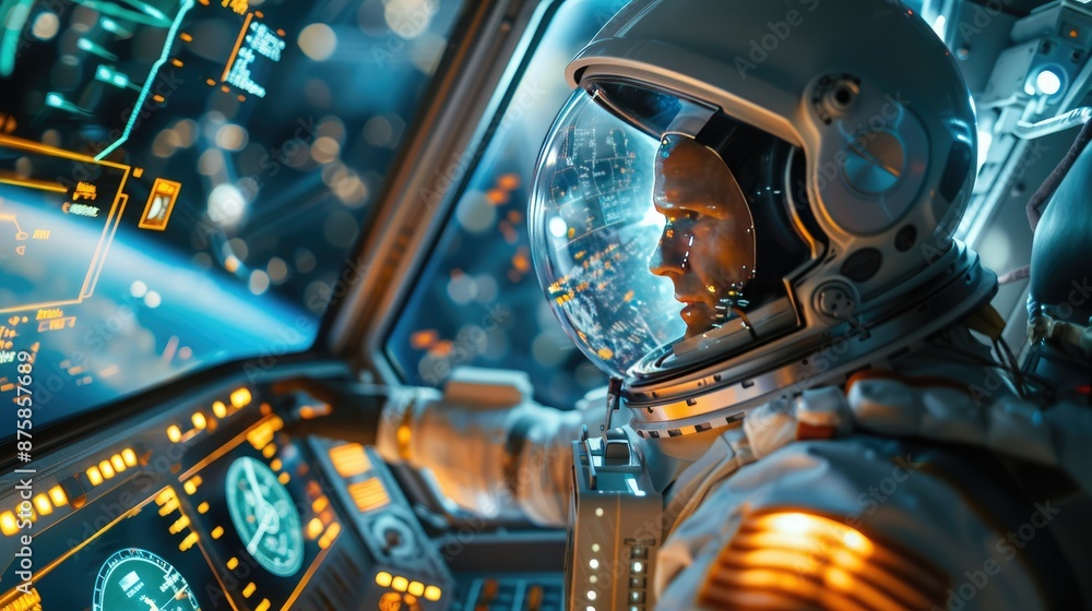 Astronaut in a spaceship cockpit looking at the galaxy through a window ...