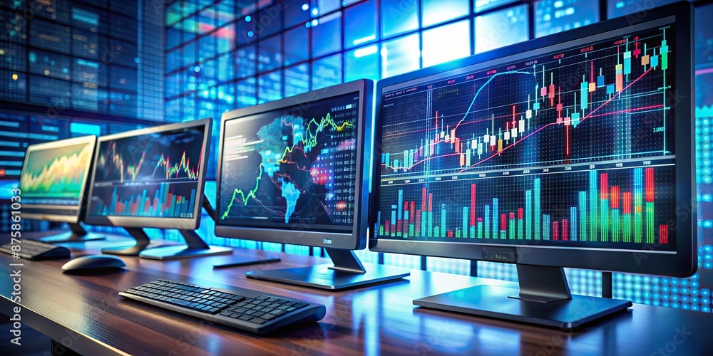 Detailed computer screens displaying financial data, charts, and graphs ...