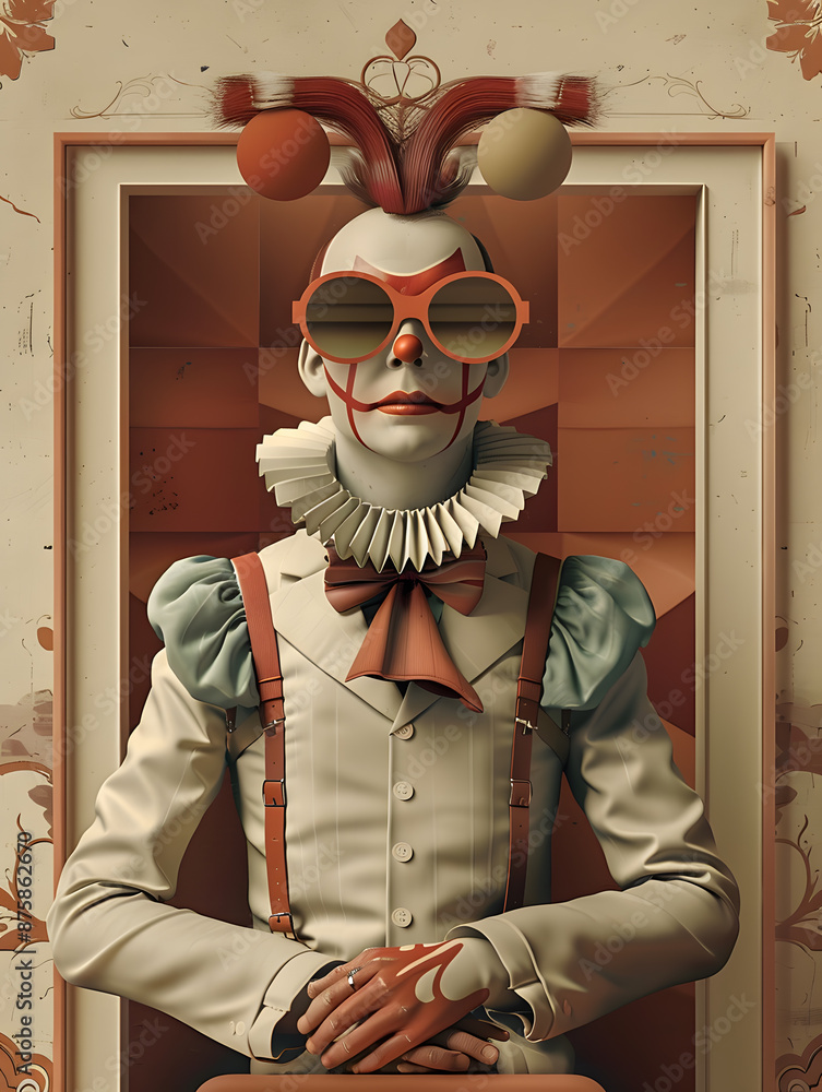 This enchanting vintage portrait features a circus clown with a retro ...