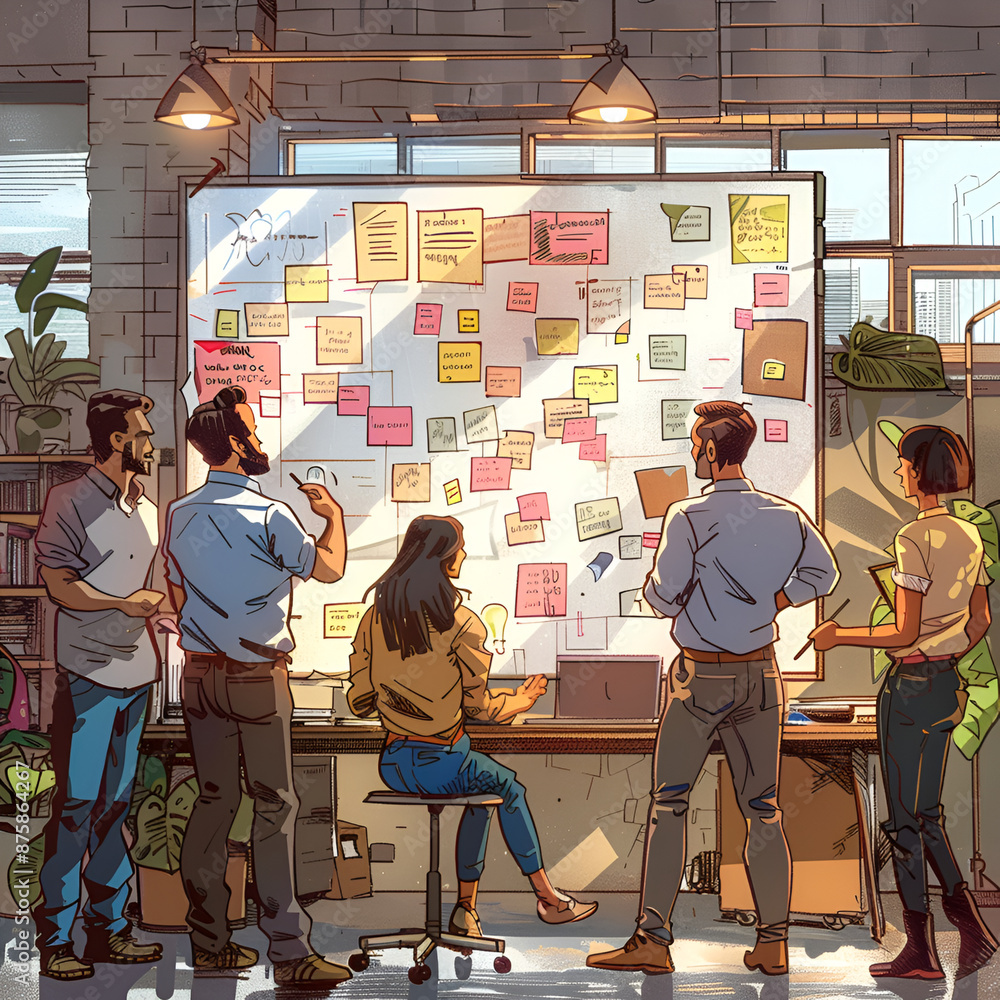 Illustrate a dynamic 2D scene of a modern collaborative workspace. Show ... Illustrate a dynamic 2D scene of a modern collaborative workspace. Show ...