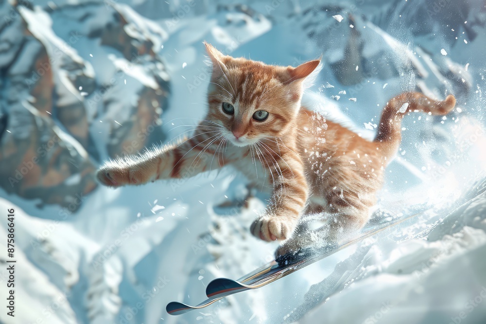 Cat Jumping Skier, Extreme Winter Sport Cats, Freestyle Skiing Kitty in ...