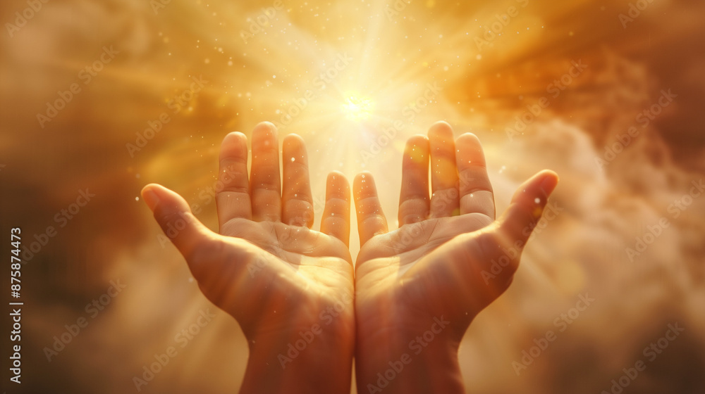 open hands with a golden glow, concept for the blessing of god, created ...