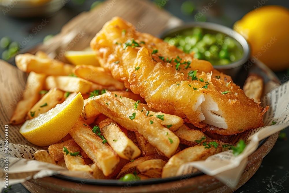 A classic fish and chips dish featuring golden-brown battered cod ...
