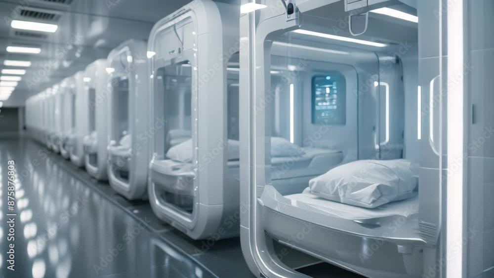 Futuristic hospital hallway with neatly lined hospital beds and ...