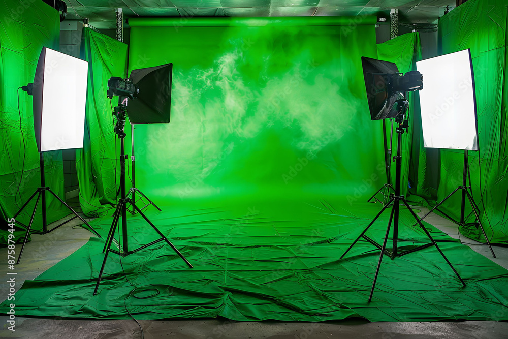 Professional green screen studio setup with lighting equipment, perfect ...
