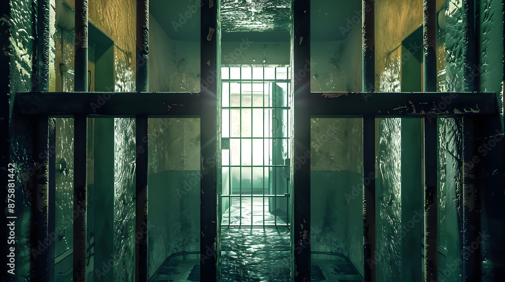 Prison cell green door. Prison cell interior seen through barred door ...