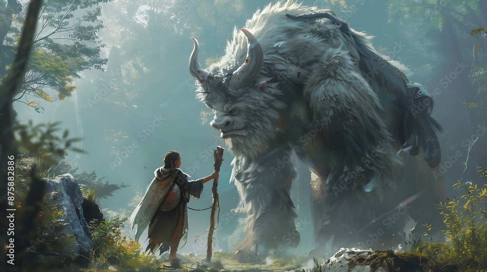 Giant beast and young trickster with magic staff sharing glances very ...